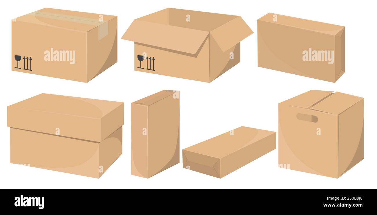 Vector realistic illustrations of cardboard delivery boxes, with a ...