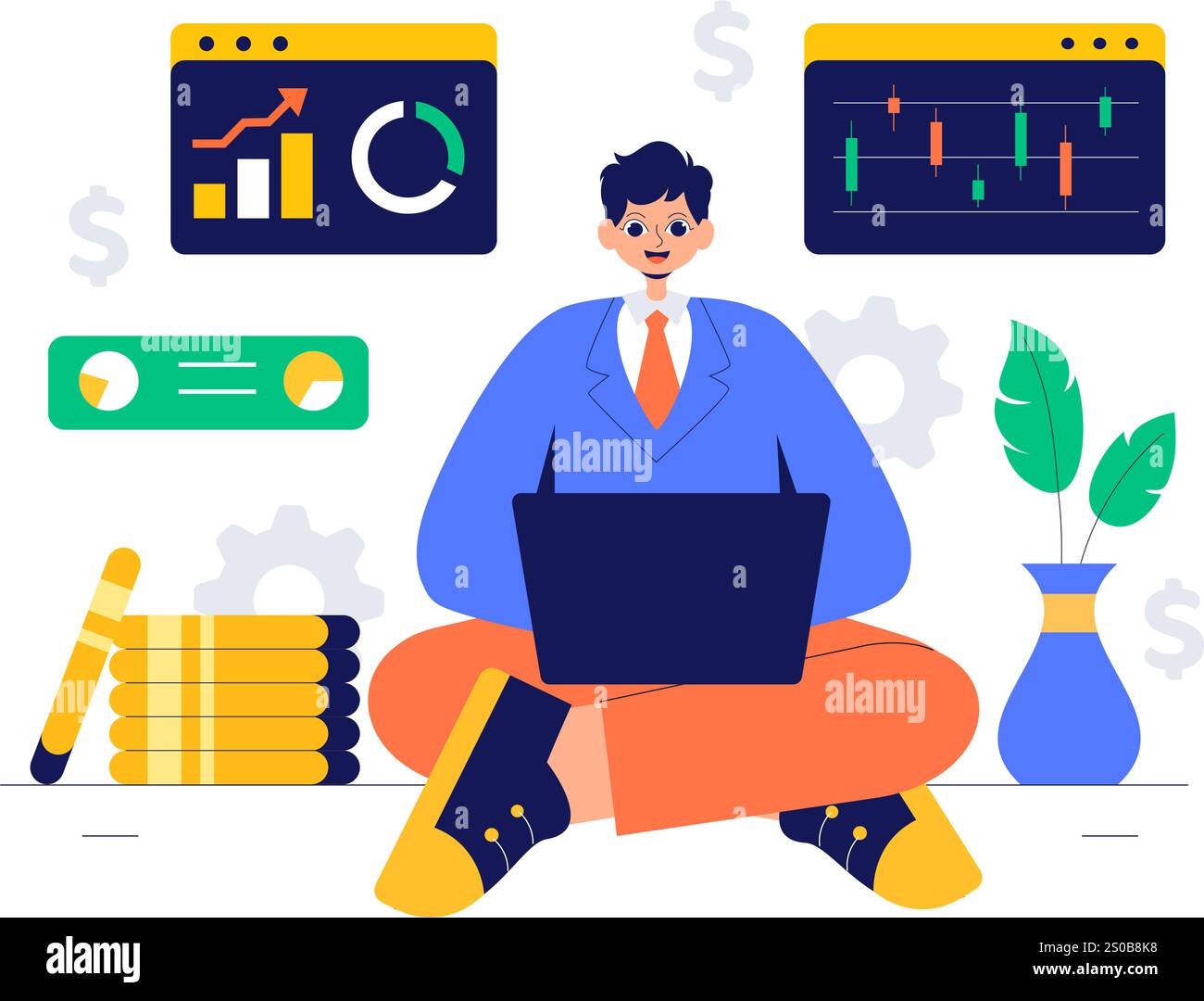 Trader Vector Illustration Featuring Financial Trend Evaluation, Data Analysis, Traders ...