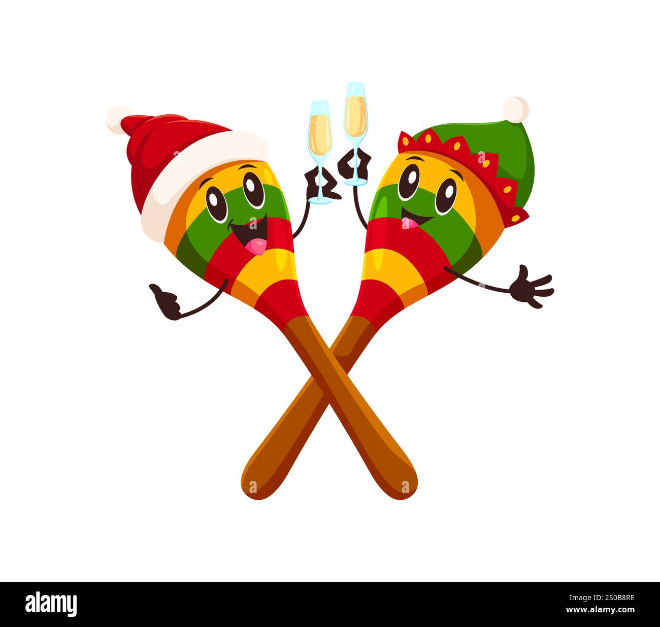 Cartoon pair of maracas musical instrument characters in festive Santa ...
