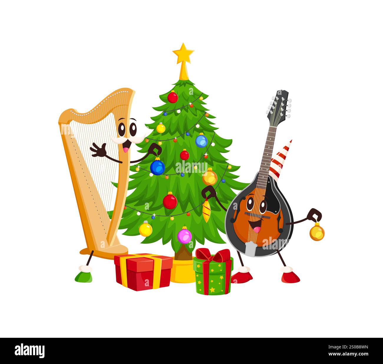 Cartoon harp and mandolin musical instrument characters enjoy Christmas ...