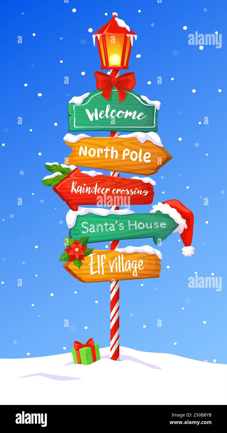 Wooden Christmas xmas sign board, signage or signpost with snow and ...