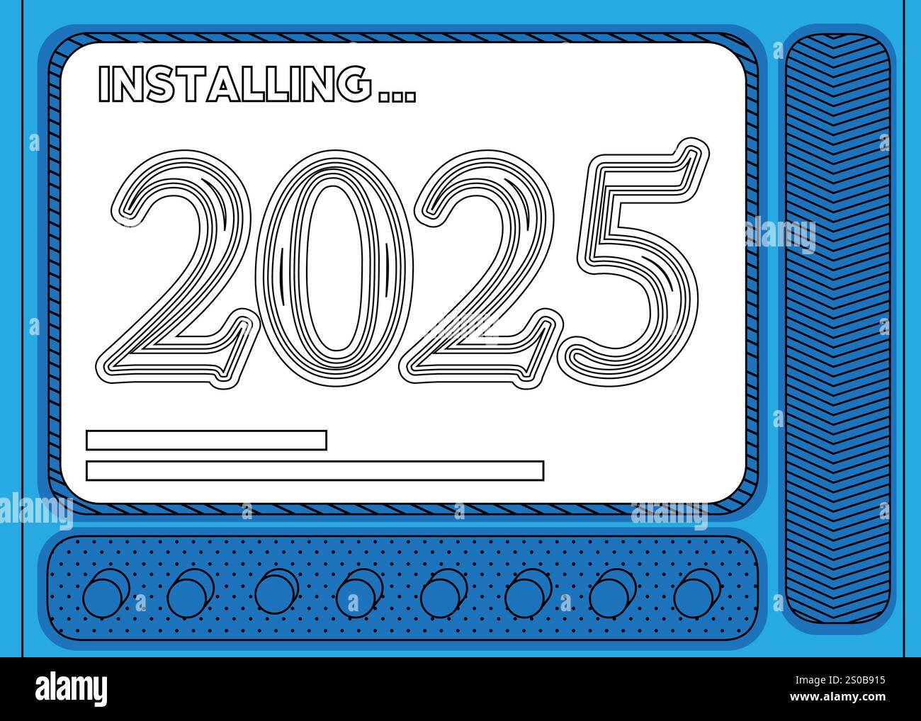 Cartoon Computer With the number 2025. Message of a screen displaying ...