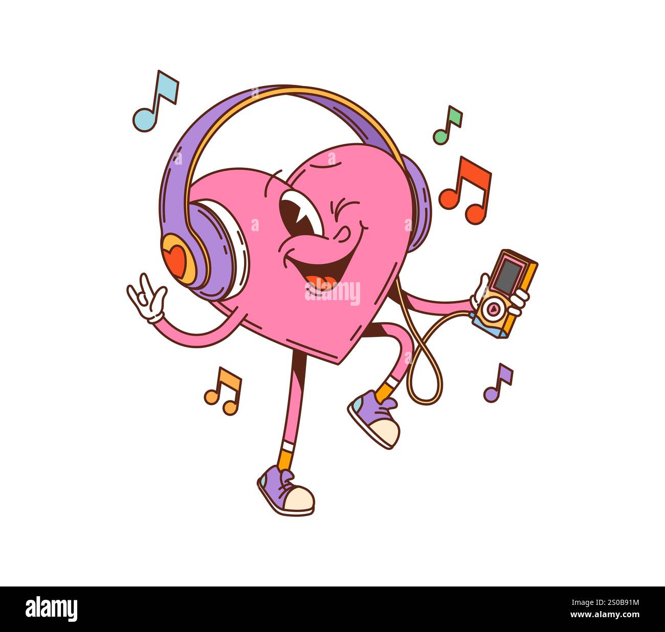 Cartoon groovy pink heart Valentine character enjoying music with ...