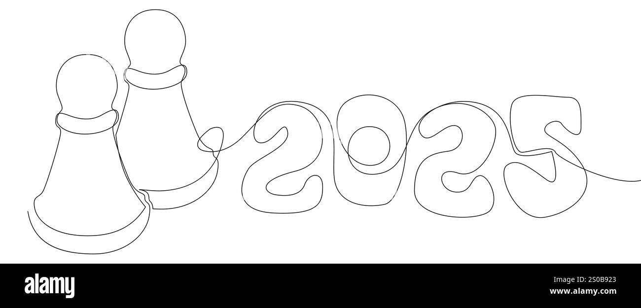 One continuous line of pawn, chess piece with number 2025. Thin Line ...