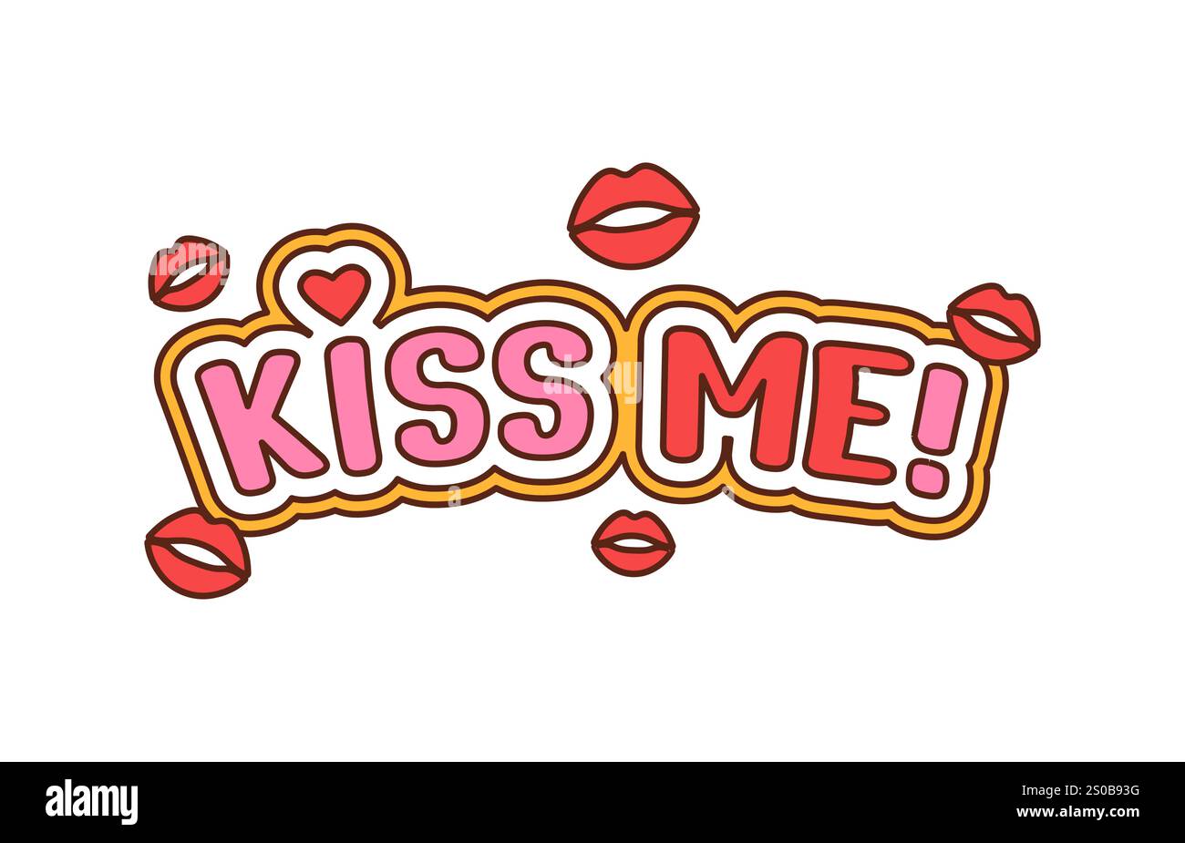 Kiss me cartoon groovy typography, valentine day text in pink and red ...