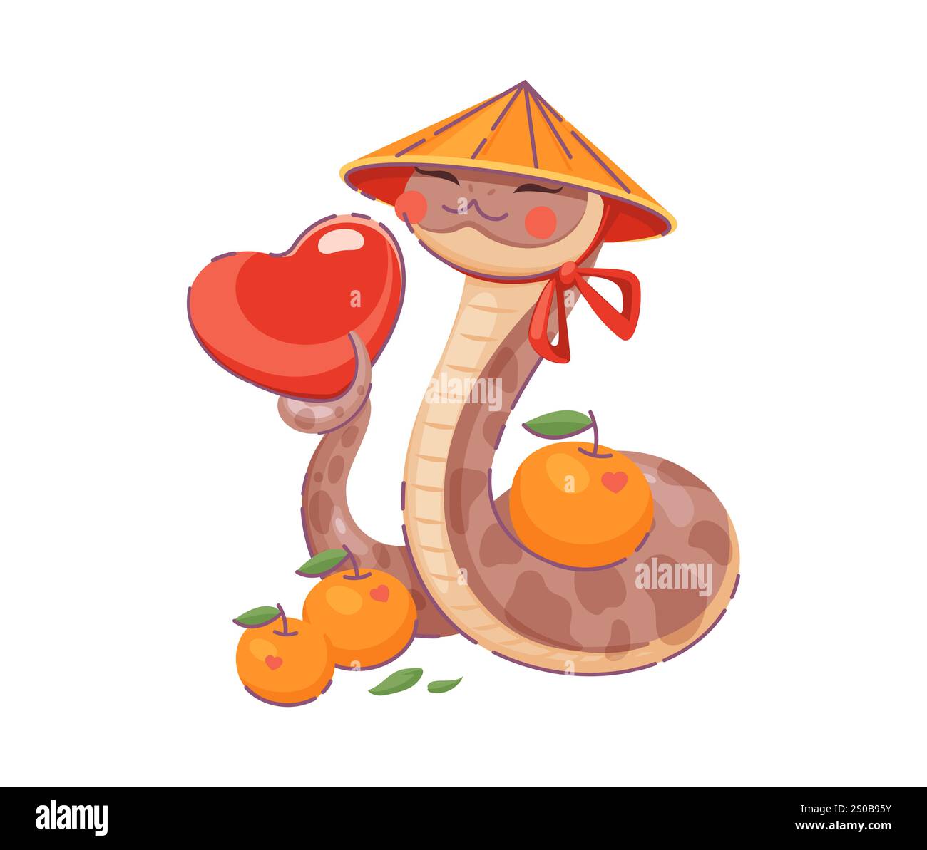 Cartoon valentines day Asian snake with love heart and mandarin fruits ...