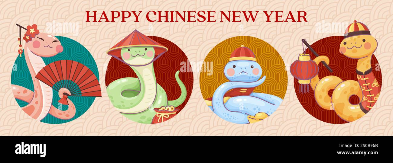 Funny snakes on Chinese Lunar New Year holiday collage, vector banner ...