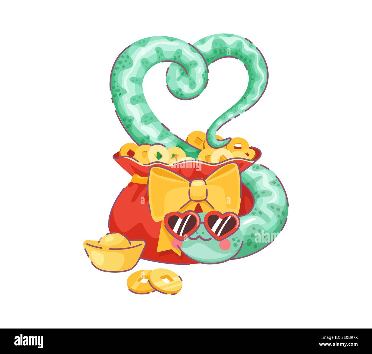 Cartoon valentines day Asian snake forms heart shape above red money ...