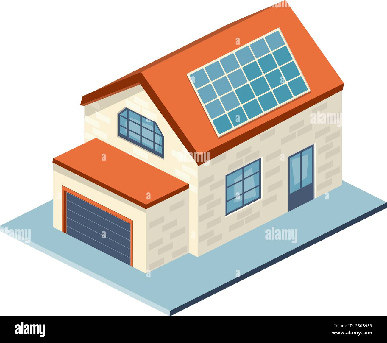 Small isometric rural house with a solar panel on the roof, eco ...