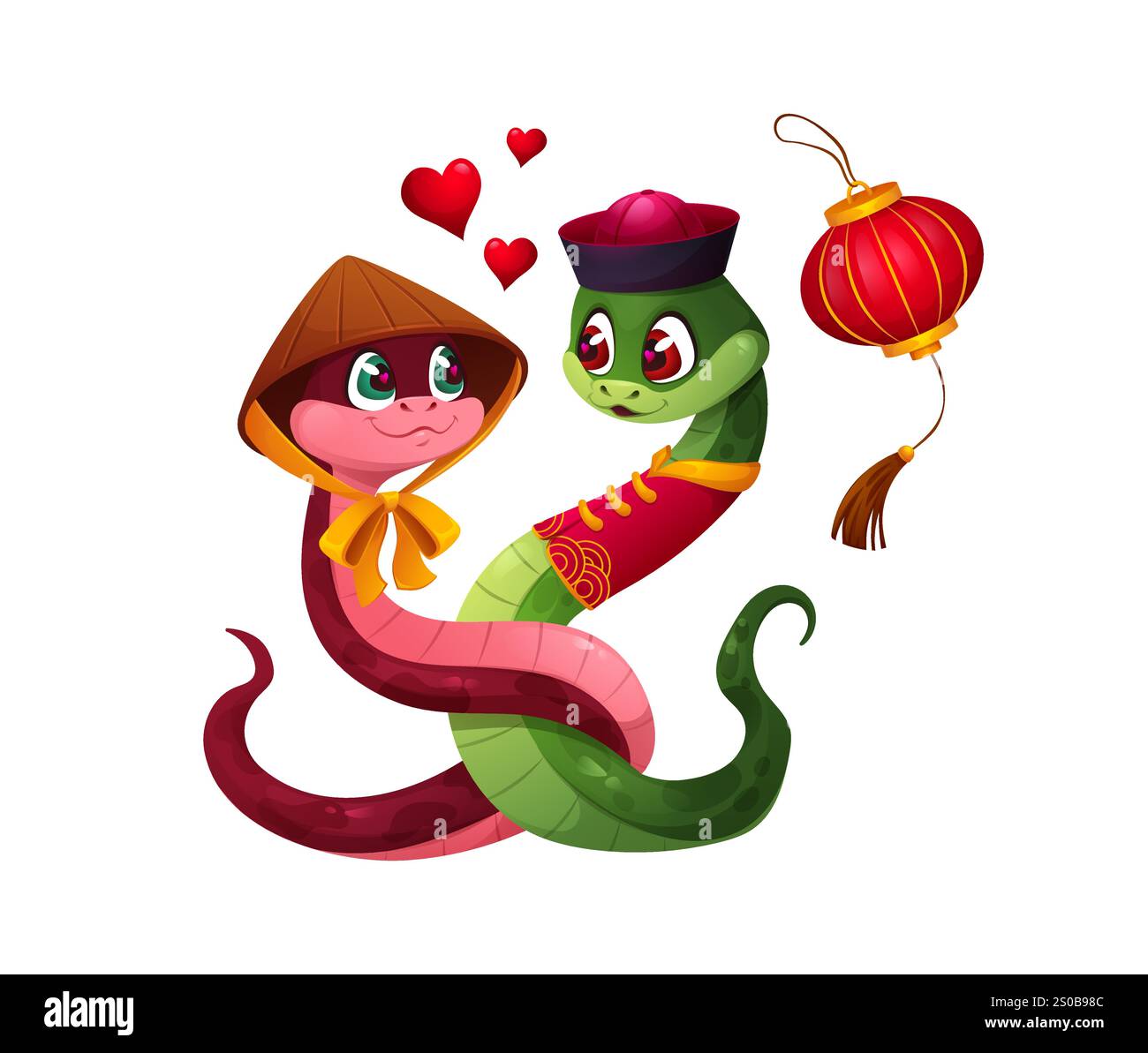 Valentine day cartoon snakes characters with love hearts and red Asian ...