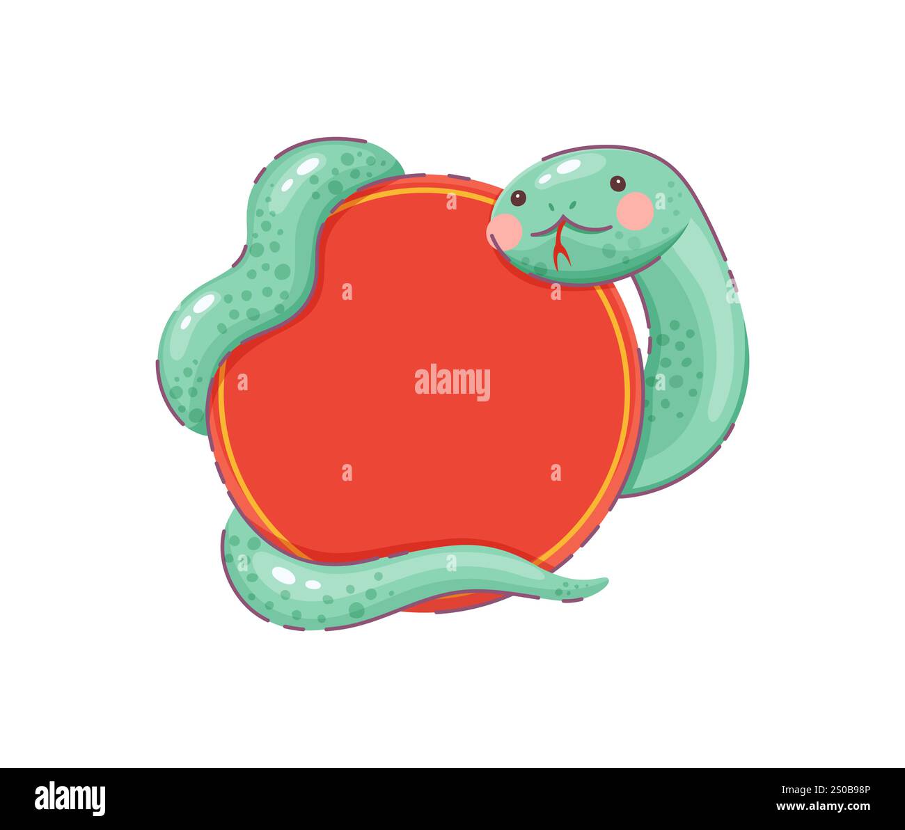 Cute cartoon green snake wrapped around a round red banner with golden ...