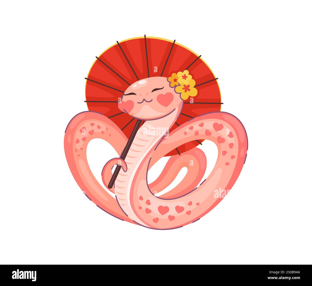 Cartoon valentines day Asian snake with heart shaped patterns holding a ...