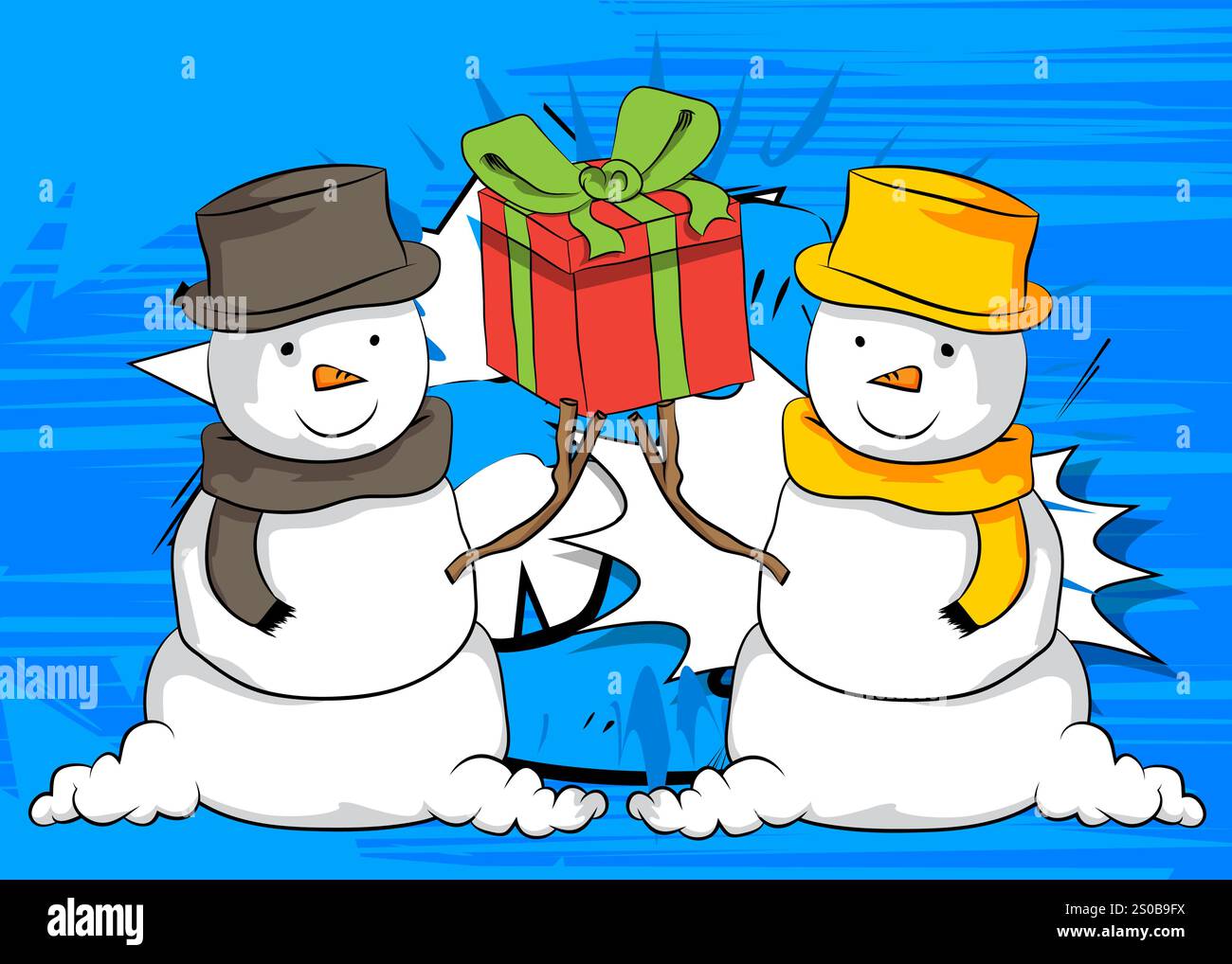 PriCartoon Gift Box and Snowman, comic book Holiday. Retro vector ...