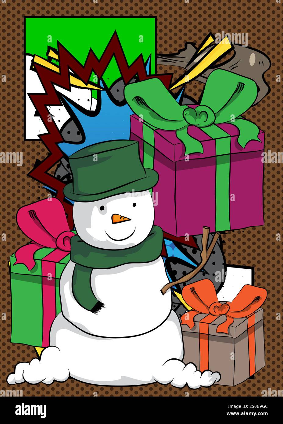 PriCartoon Gift Box and Snowman, comic book Holiday. Retro vector ...