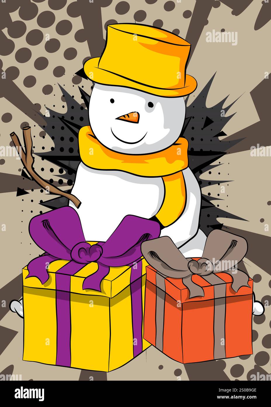 PriCartoon Gift Box and Snowman, comic book Holiday. Retro vector ...