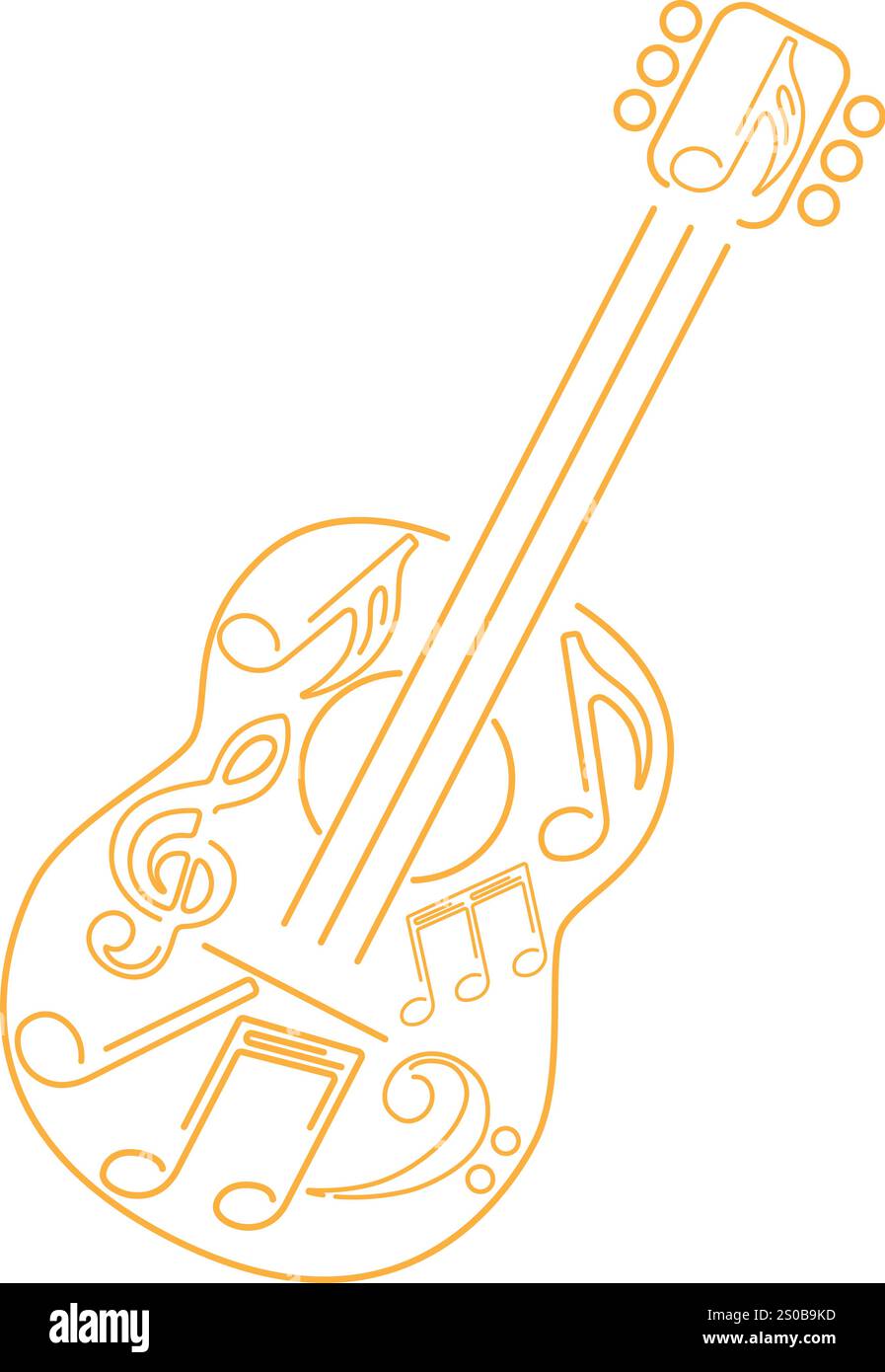 Stylish line art yellow guitar with musical notes. Design captures the ...