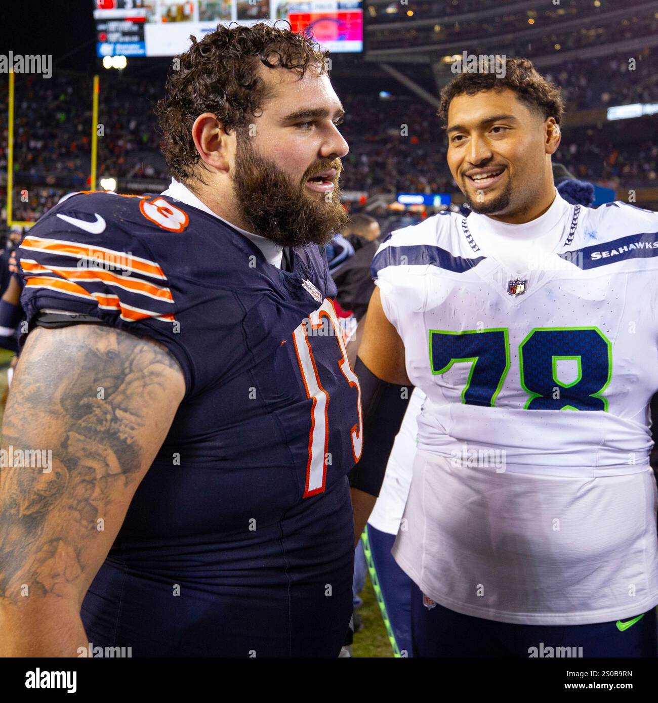 Chicago Bears Jake Curhan (73) talks with Seattle Seahawks Stone ...