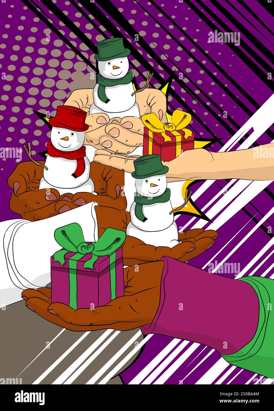 Cartoon, comic book human hands holding Gift Box and Snowman. Retro ...
