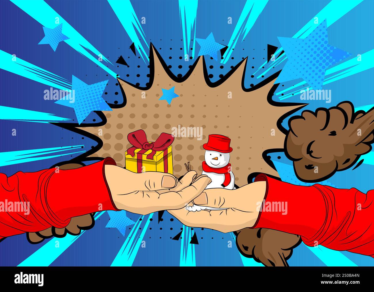 Cartoon, comic book human hands holding Gift Box and Snowman. Retro ...