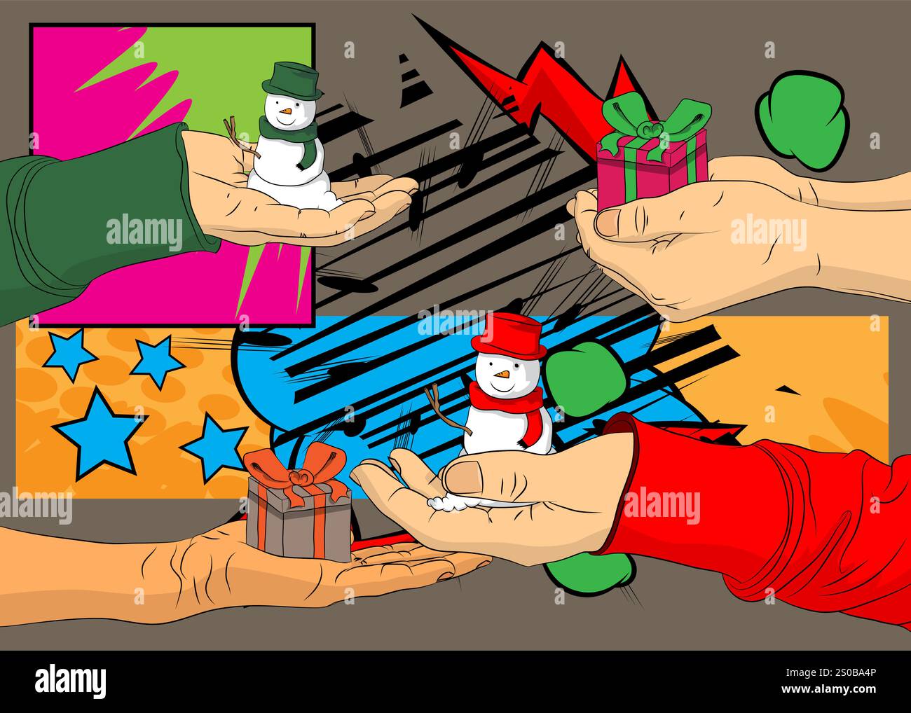 Cartoon, comic book human hands holding Gift Box and Snowman. Retro ...