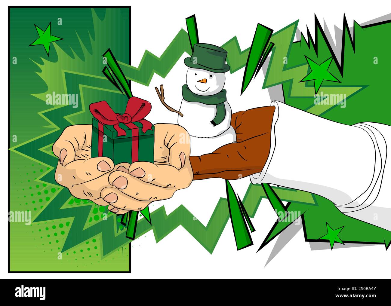 Cartoon, comic book human hands holding Gift Box and Snowman. Retro ...