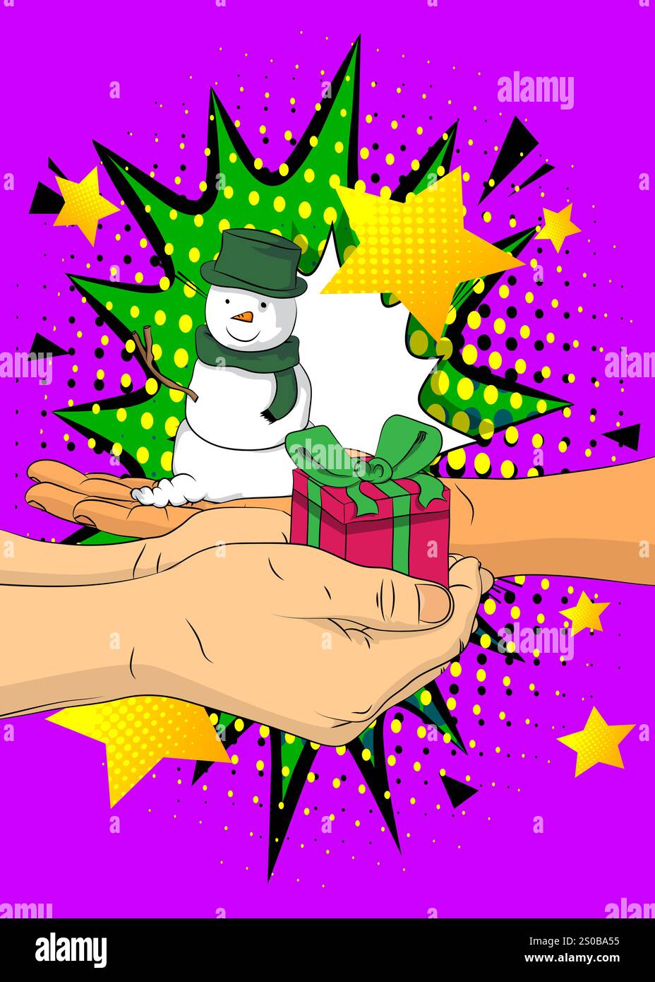 Cartoon, comic book human hands holding Gift Box and Snowman. Retro ...