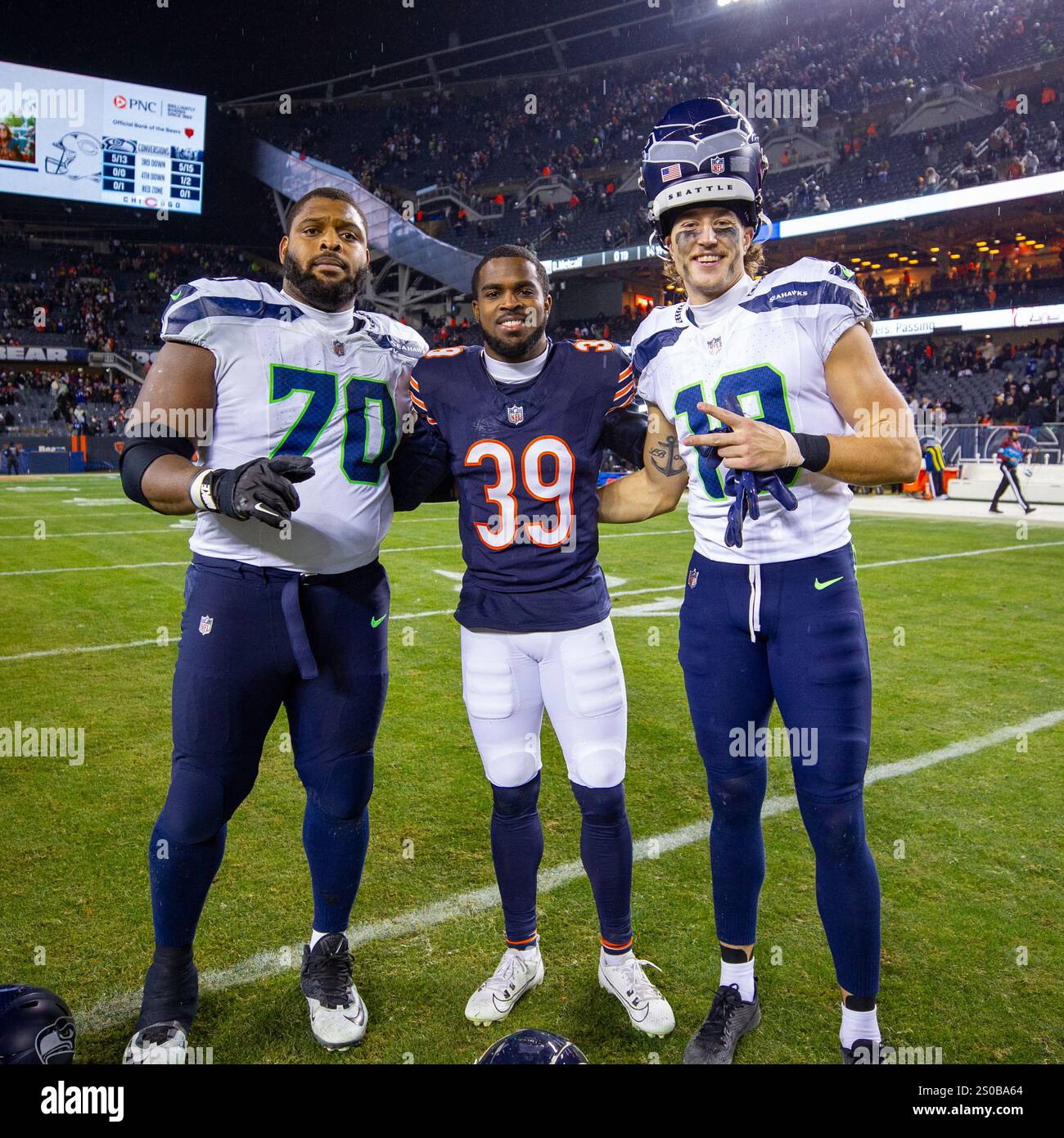 Chicago Bears Josh Blackwell (39) greets Seattle Seahawks Laken ...