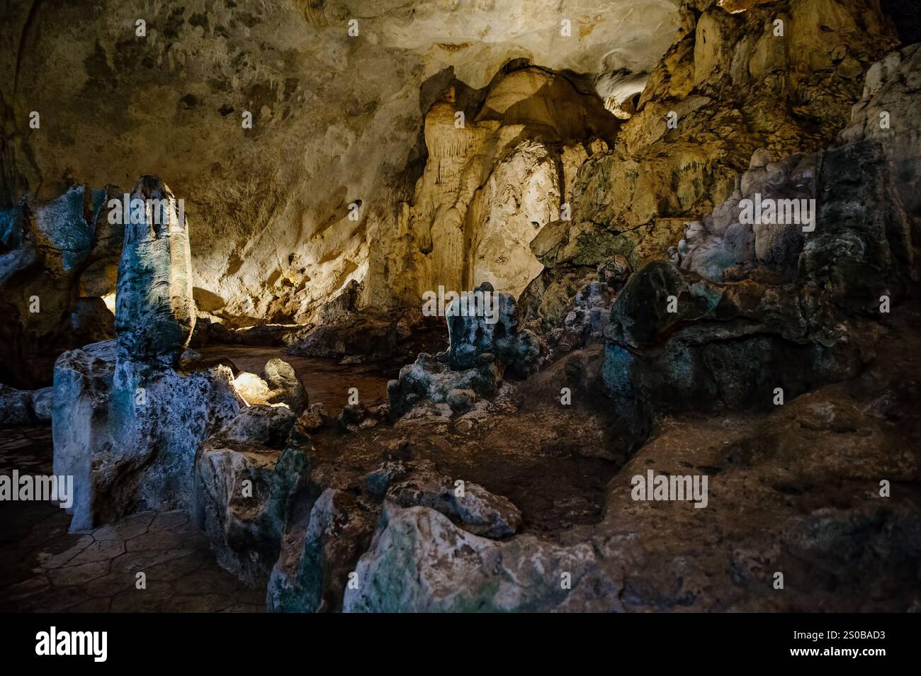 a cave with stalagmites and stalactites. The cave is large and dark ...