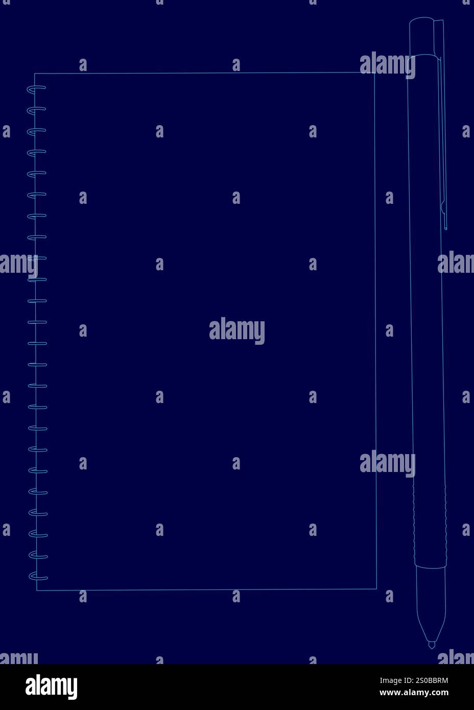 Blue background with a pen and notebook on it. The pen is on the right ...