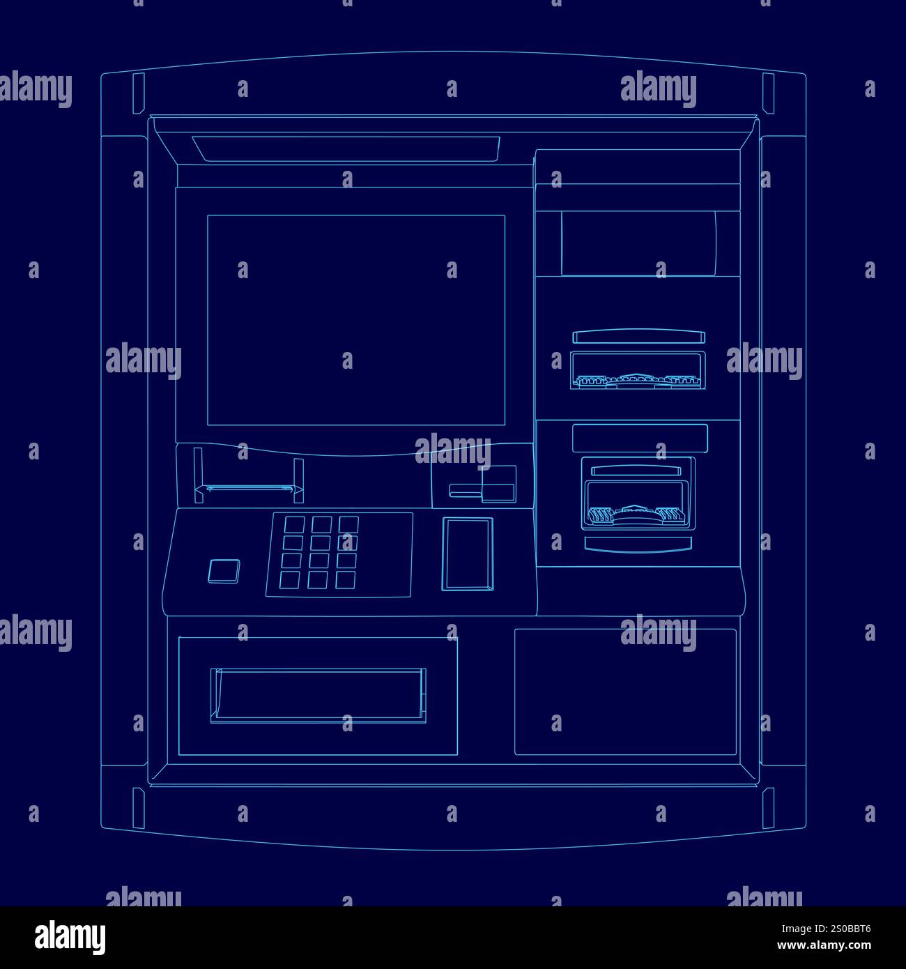 Blue image of a bank teller machine. The machine has a blue color ...