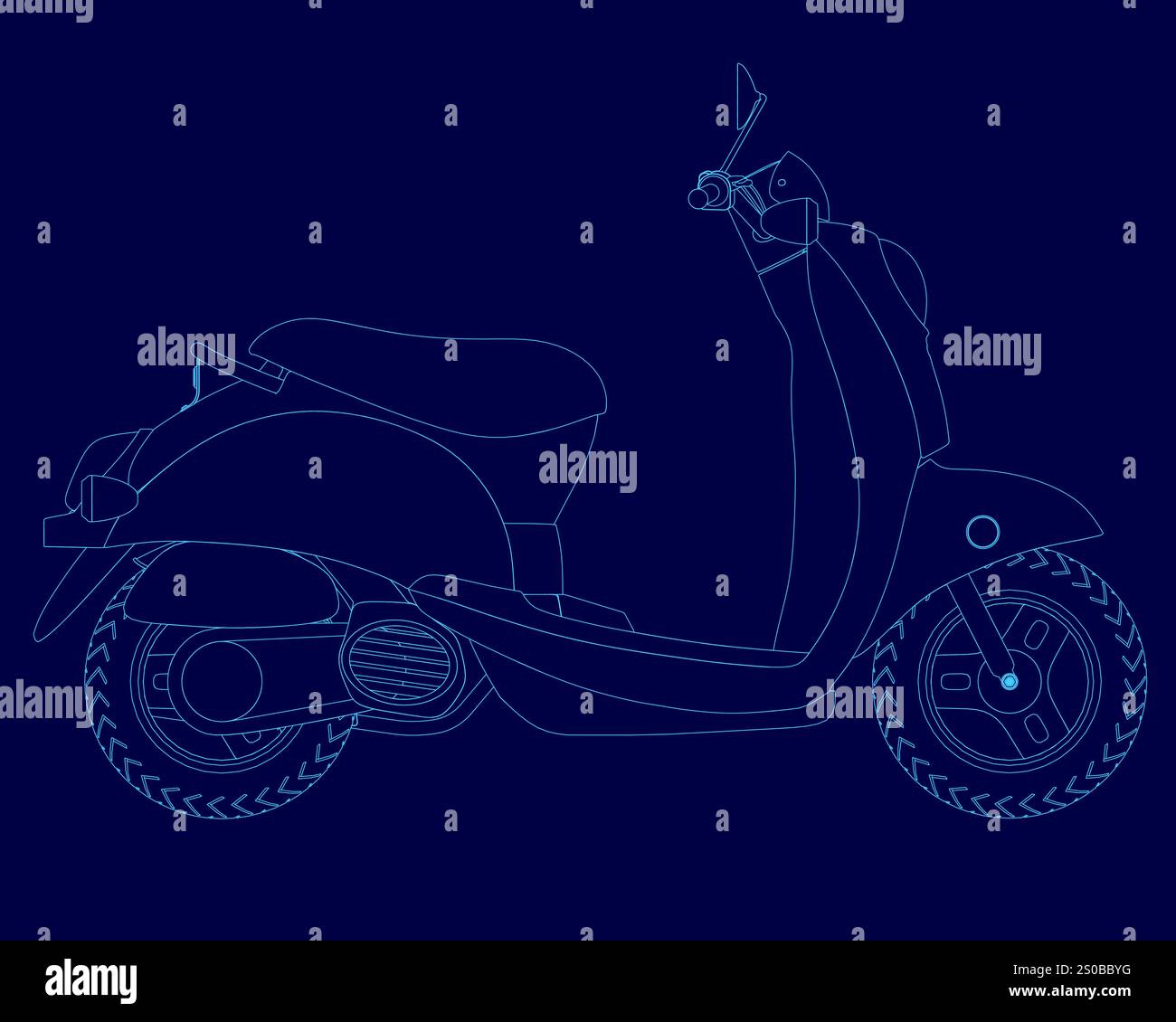 Blue motorcycle with a seat and handlebar. The motorcycle is shown in a ...