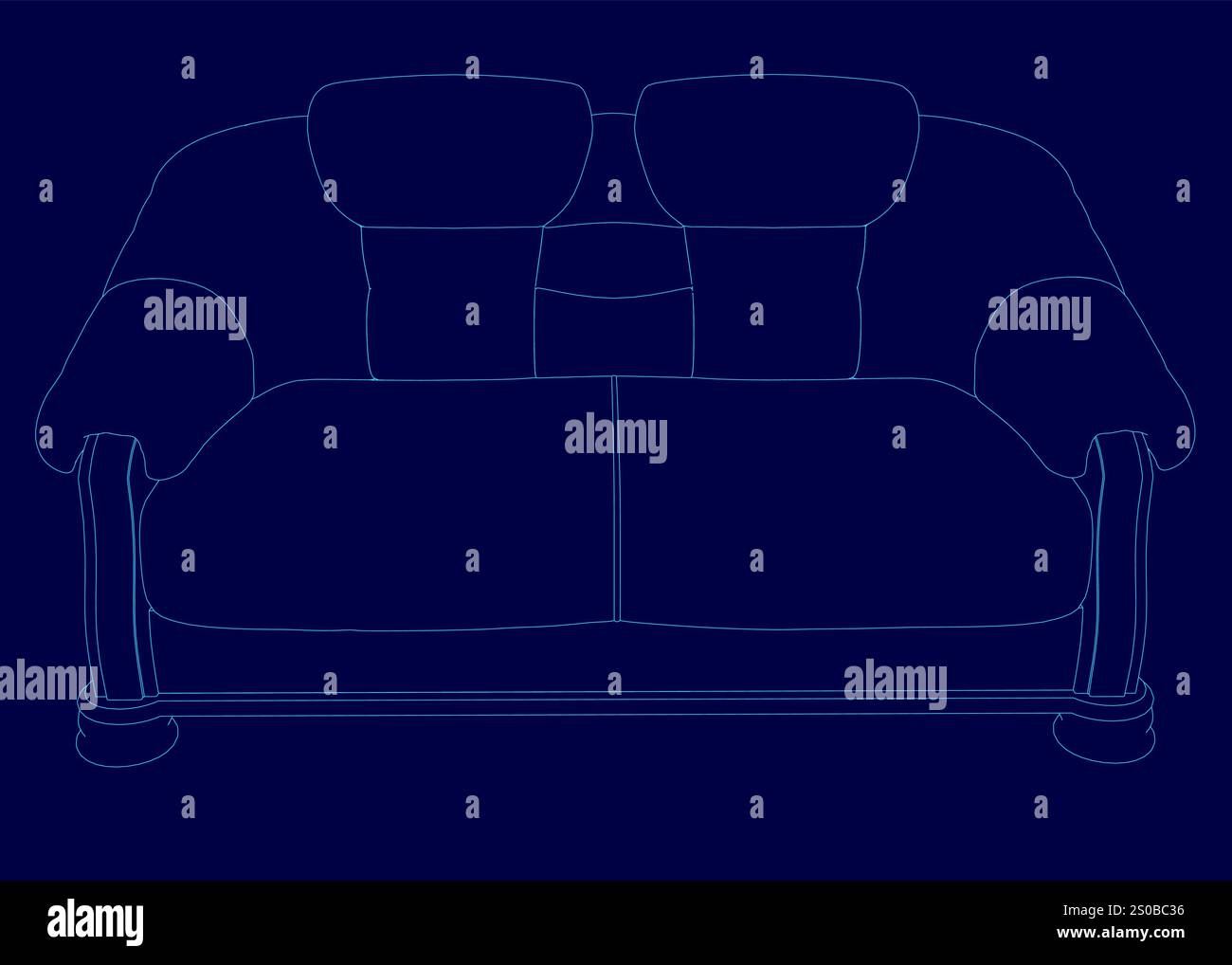 Blue couch with two pillows on it. The couch is shown in a blue drawing ...
