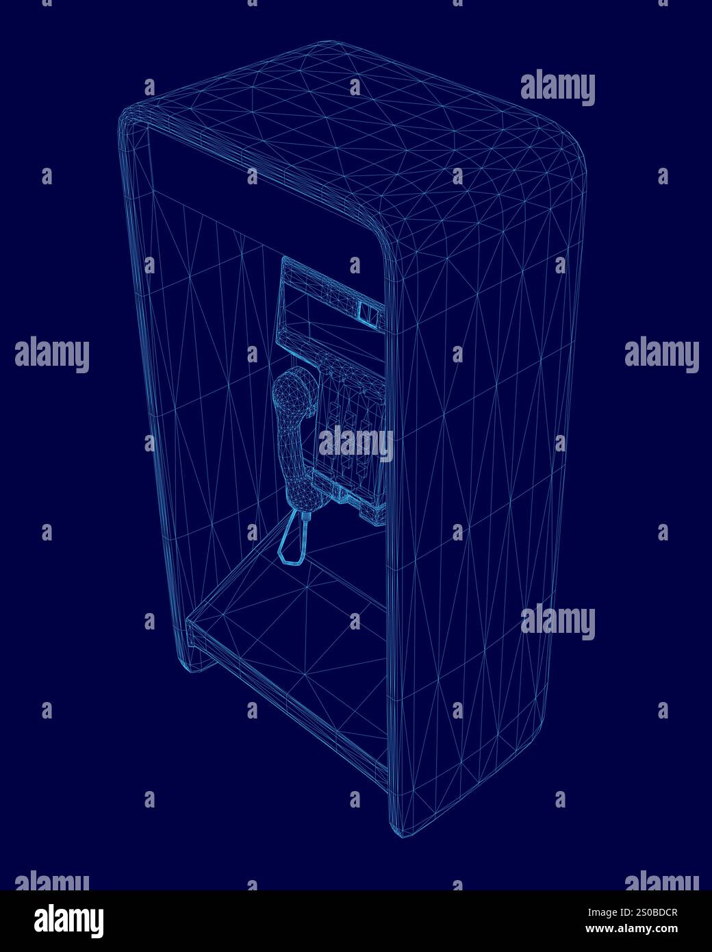 Blue 3D model of a telephone booth. The booth is made of a metal frame ...