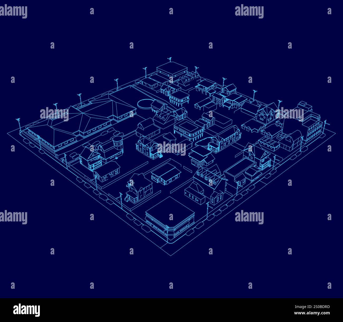 Blue drawing of a city with buildings and street lights. The drawing is ...