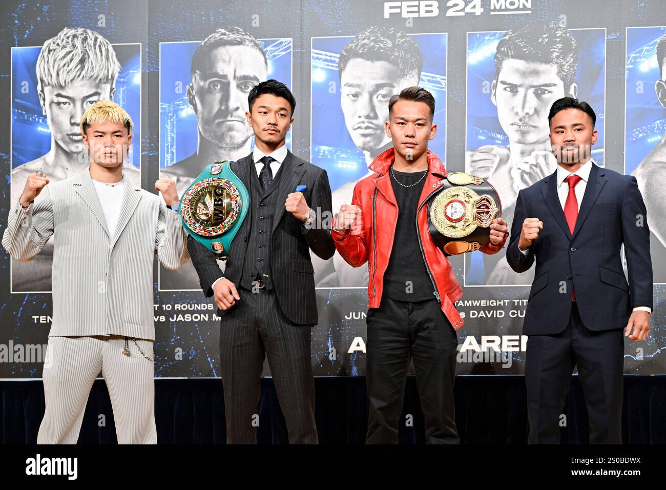 (L-R) Tenshin Nasukawa, Junto Nakatani, Seiya Tsutsumi and Daigo Higa attend a press conference ...