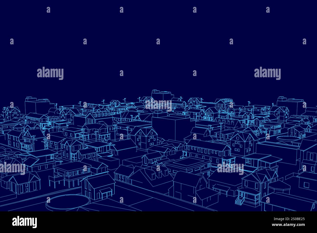 Cityscape is shown in blue with a dark sky. The buildings are tall and ...