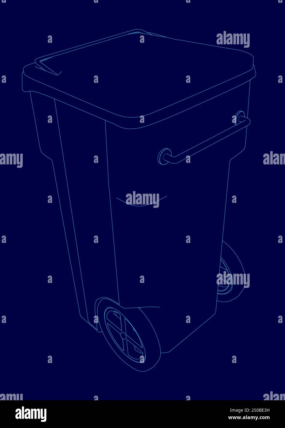 Blue trash can with a lid and wheels. The lid is open and the trash can ...