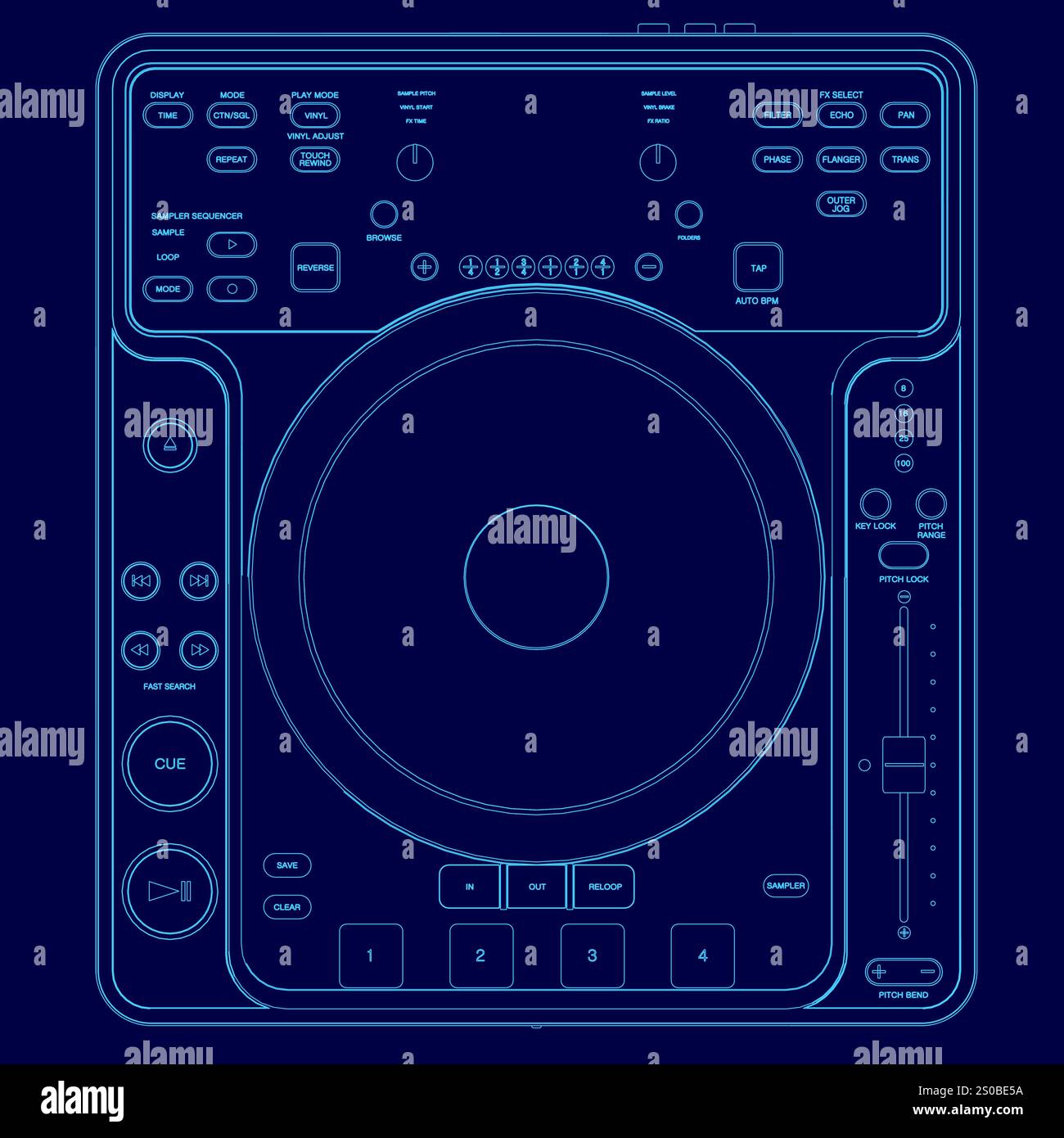 Blue drawing of a turntable with buttons and knobs. The turntable is a ...