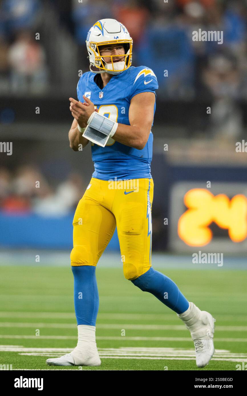 Los Angeles Chargers quarterback Justin Herbert (10) reacts during an ...