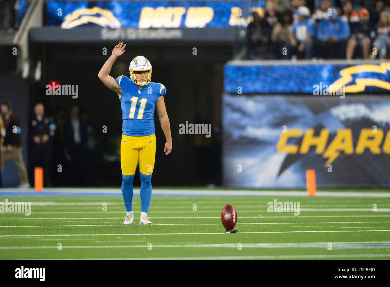 Los Angeles Chargers place kicker Cameron Dicker (11) kicks during an ...