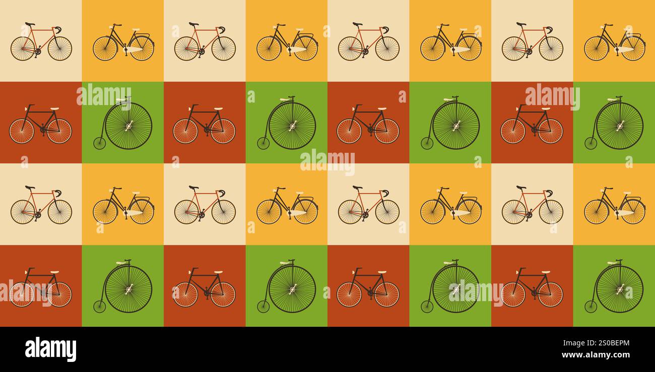 Set of Many Various Retro Style Detailed Bicycles, Pattern on Green ...