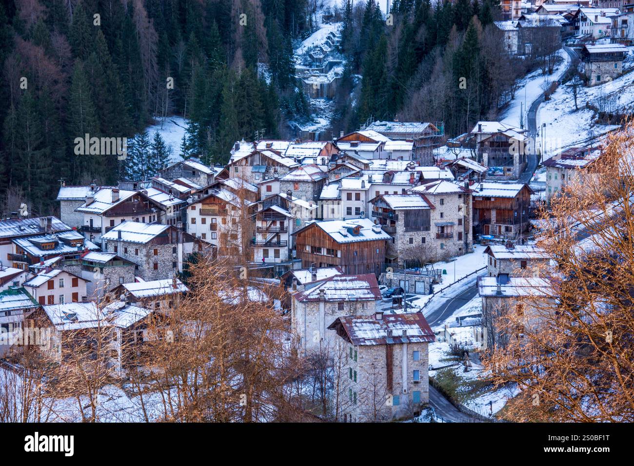 snow on the roofs of Cibiana di Cadore the small village in the heart ...