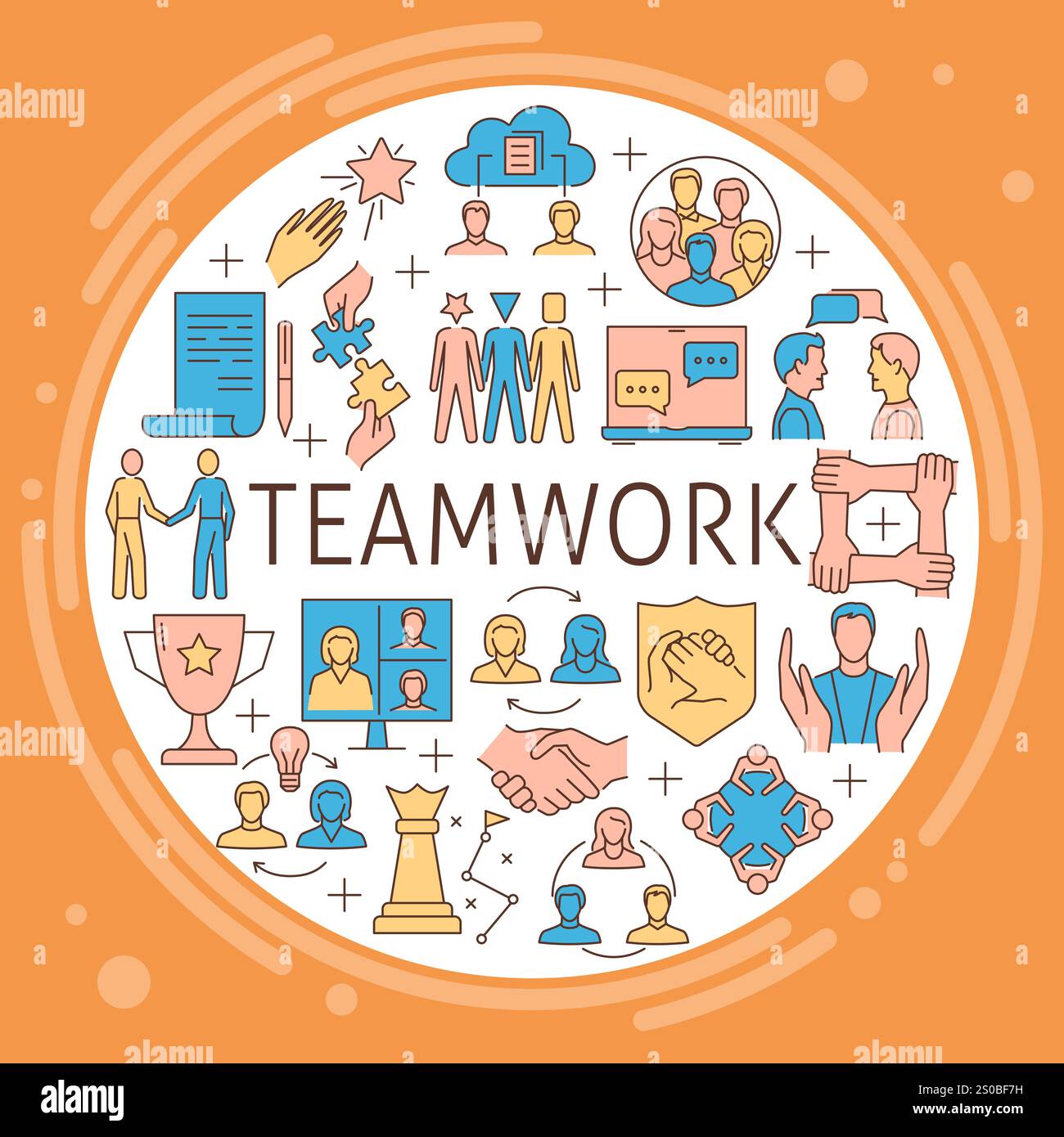 Teamwork round banner in line style. Collaboration and support symbols ...