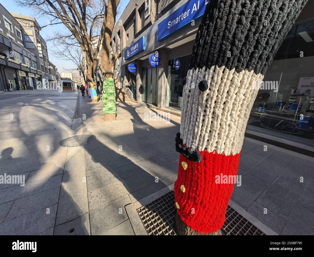 Trees on the street are put on brightly colored "sweaters" for winter ...