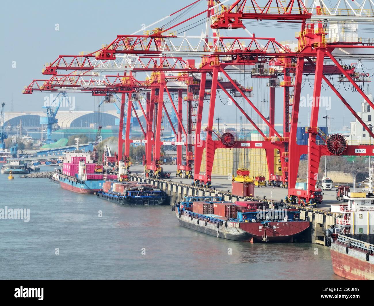 Aerial photo shows the busy container terminal at Yangzhou Port in ...