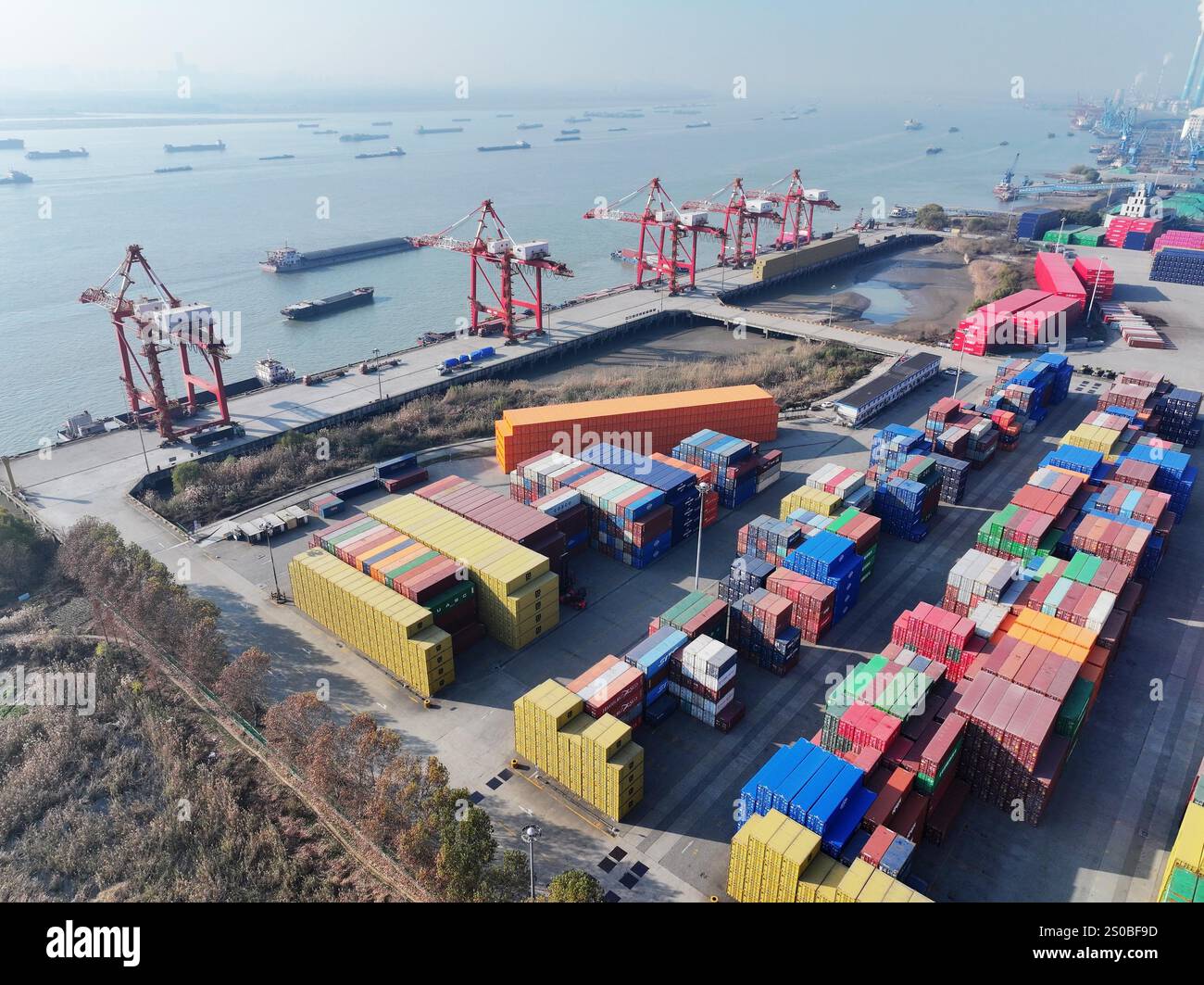 Aerial photo shows the busy container terminal at Yangzhou Port in ...