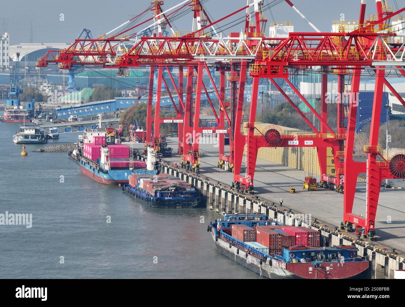 Aerial photo shows the busy container terminal at Yangzhou Port in ...