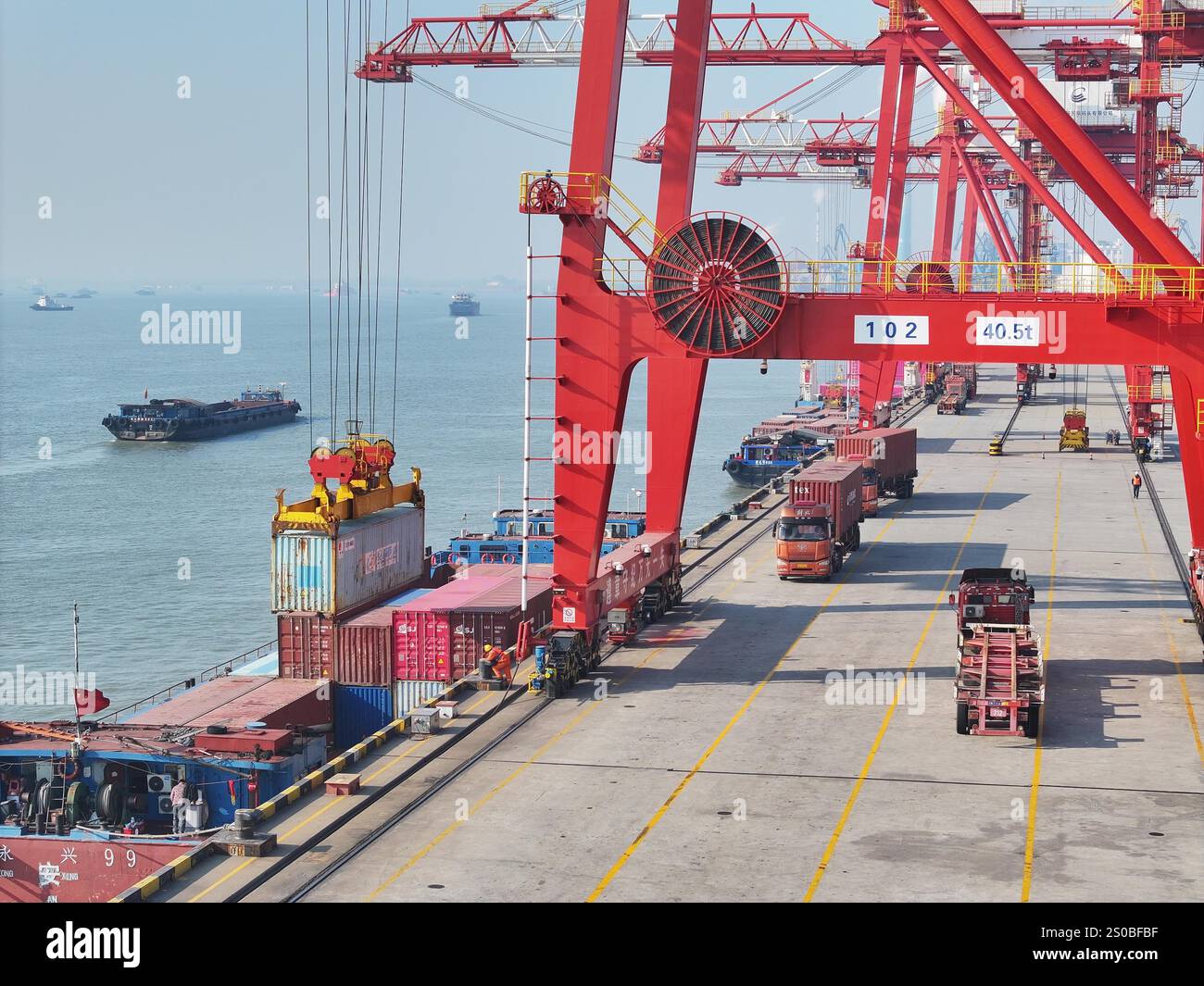 Aerial photo shows the busy container terminal at Yangzhou Port in ...