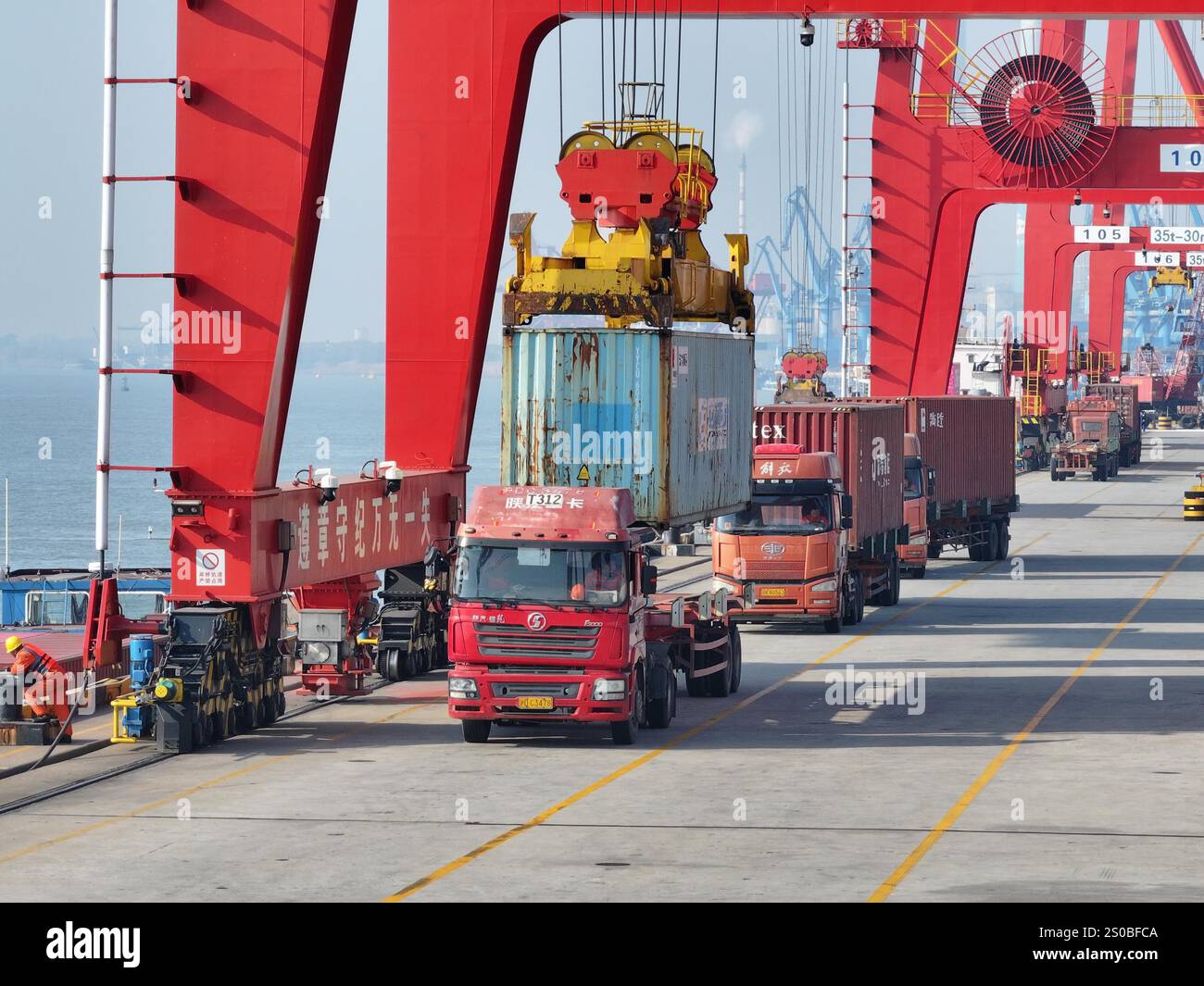 Aerial photo shows the busy container terminal at Yangzhou Port in ...