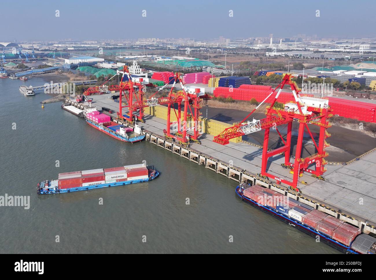 Aerial photo shows the busy container terminal at Yangzhou Port in ...